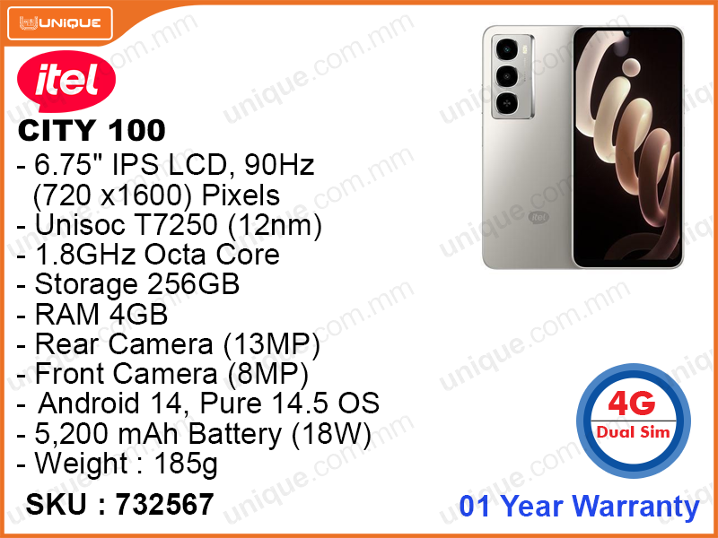 itel CITY 100 C671L 4GB, 256GB Pure Titanium – unique.com.mm